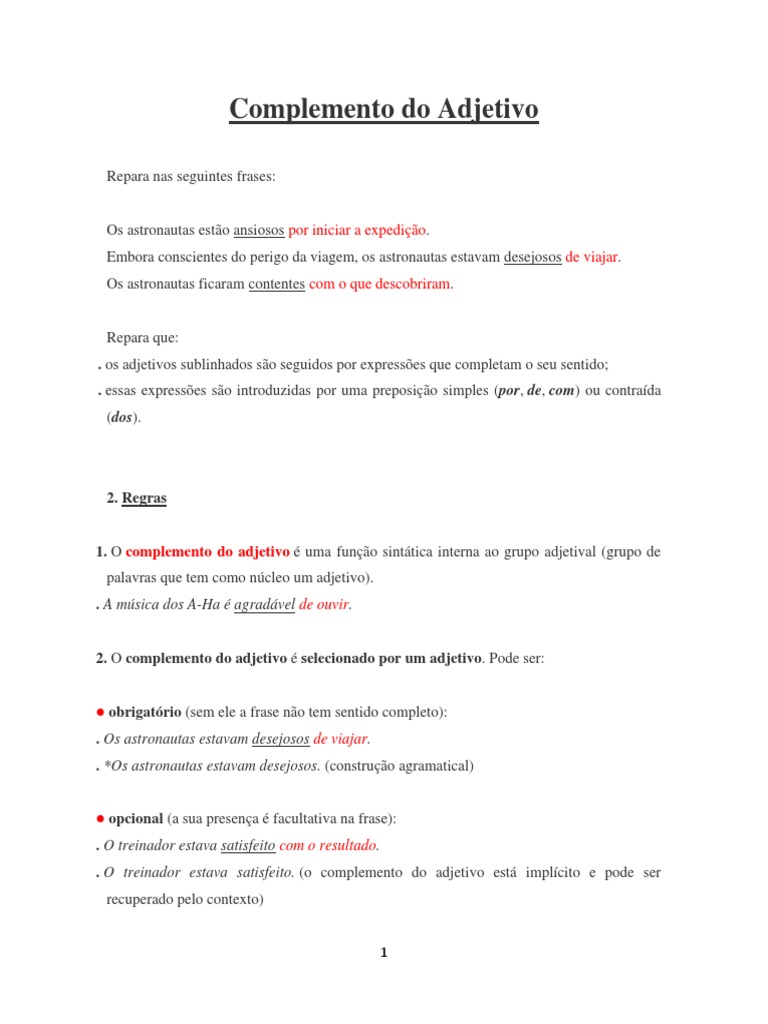 Complemento Do Adjetivo PDF | PDF | Sintaxe | Gramática