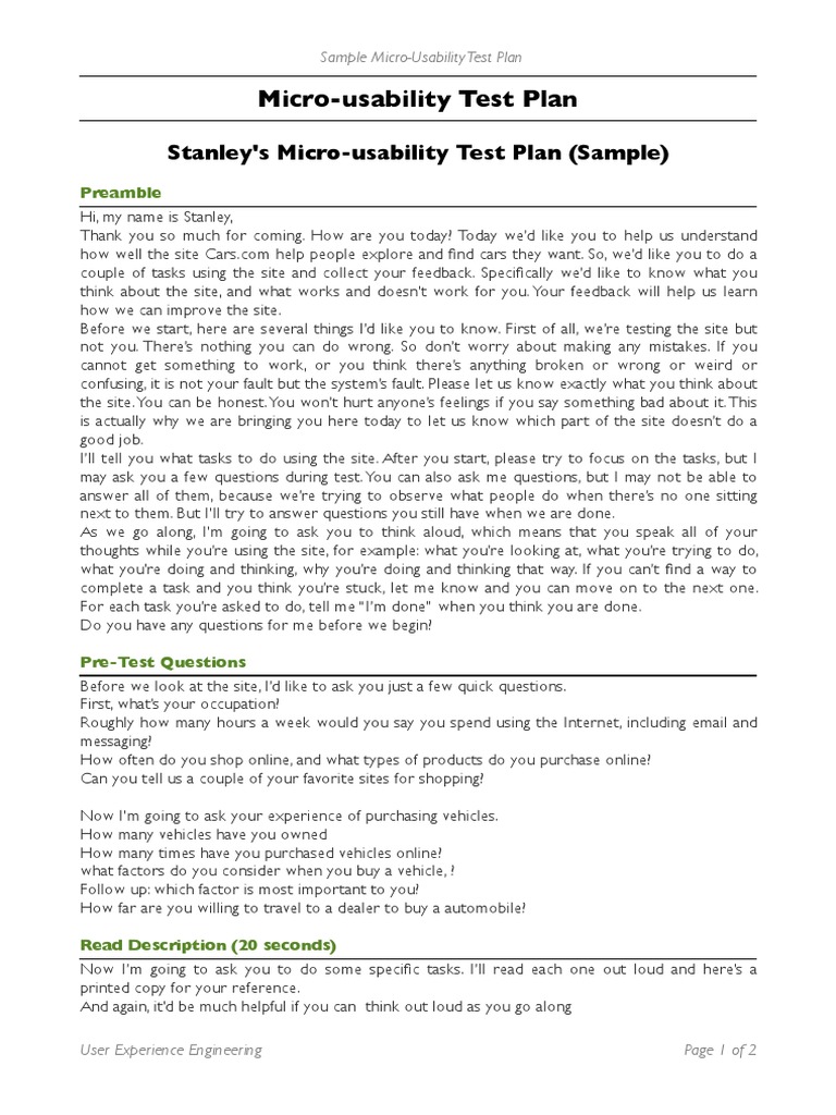 UXE-Spring2020-MicroUsability Test Plan Sample | PDF | Online And ...