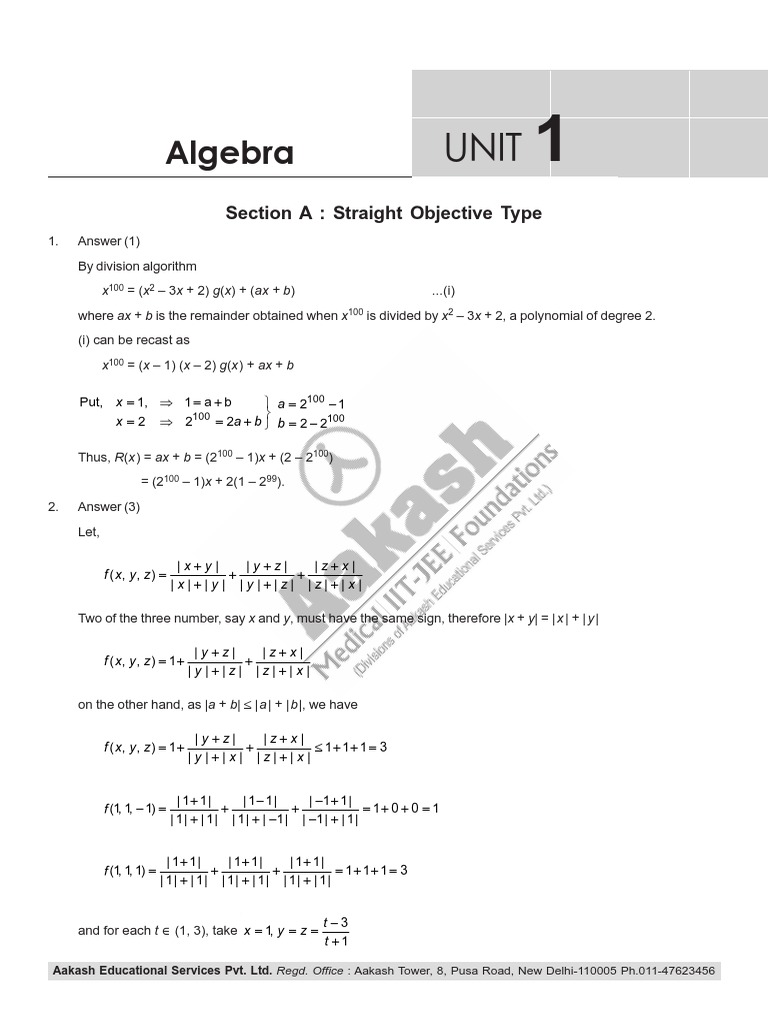 Algebra: Section A: Straight Objective Type | PDF | Factorization | Algebra