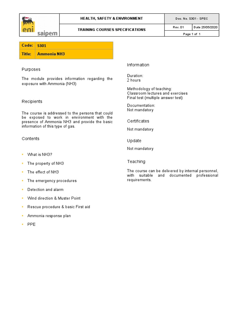 HSE Training: Ammonia NH3 Safety | PDF