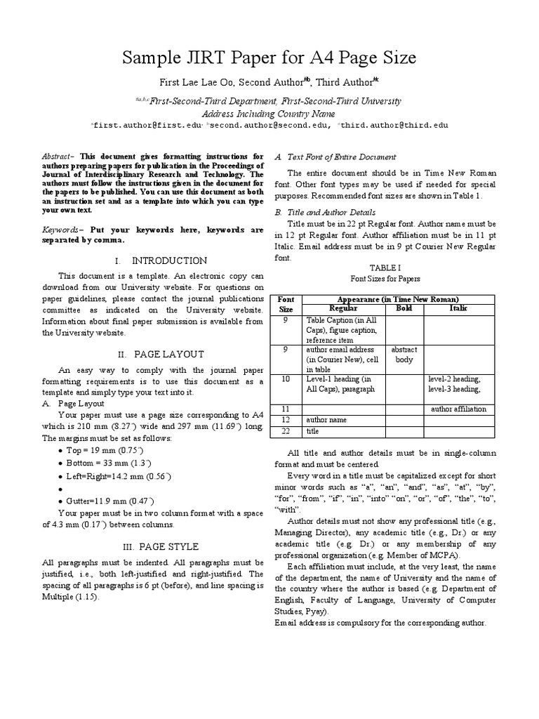 Sample JIRT Paper For A4 Page Size: First Lae Lae Oo, Second Author ...