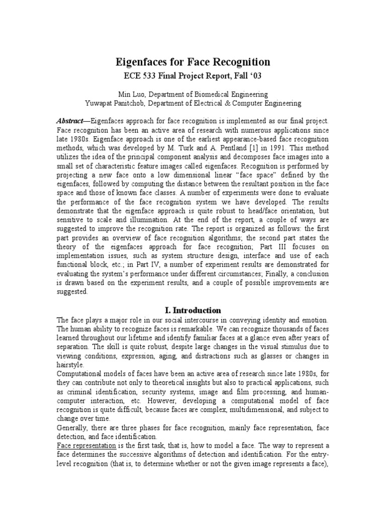 Eigenfaces For Face Recognition: ECE 533 Final Project Report, Fall 03 | PDF | Eigenvalues And ...