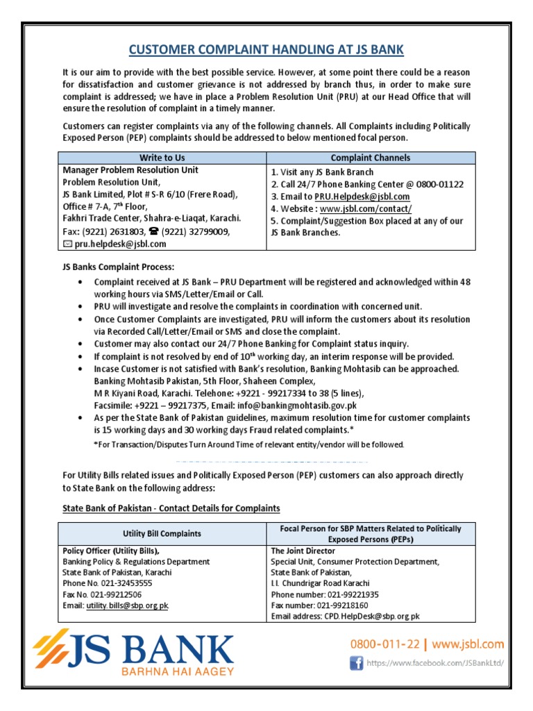 Customer Complaint Handling at Js Bank: Write To Us Complaint Channels ...