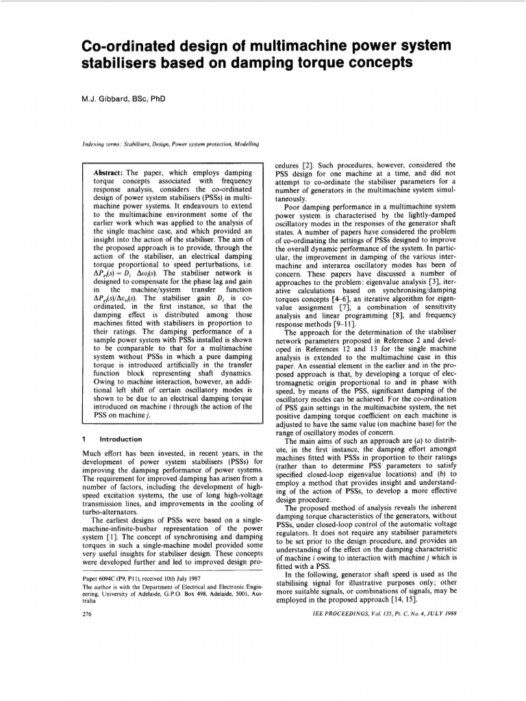 Co-Ordinated Design of Multimachine Power System Stabilisers Based On Damping Torque Con | PDF ...