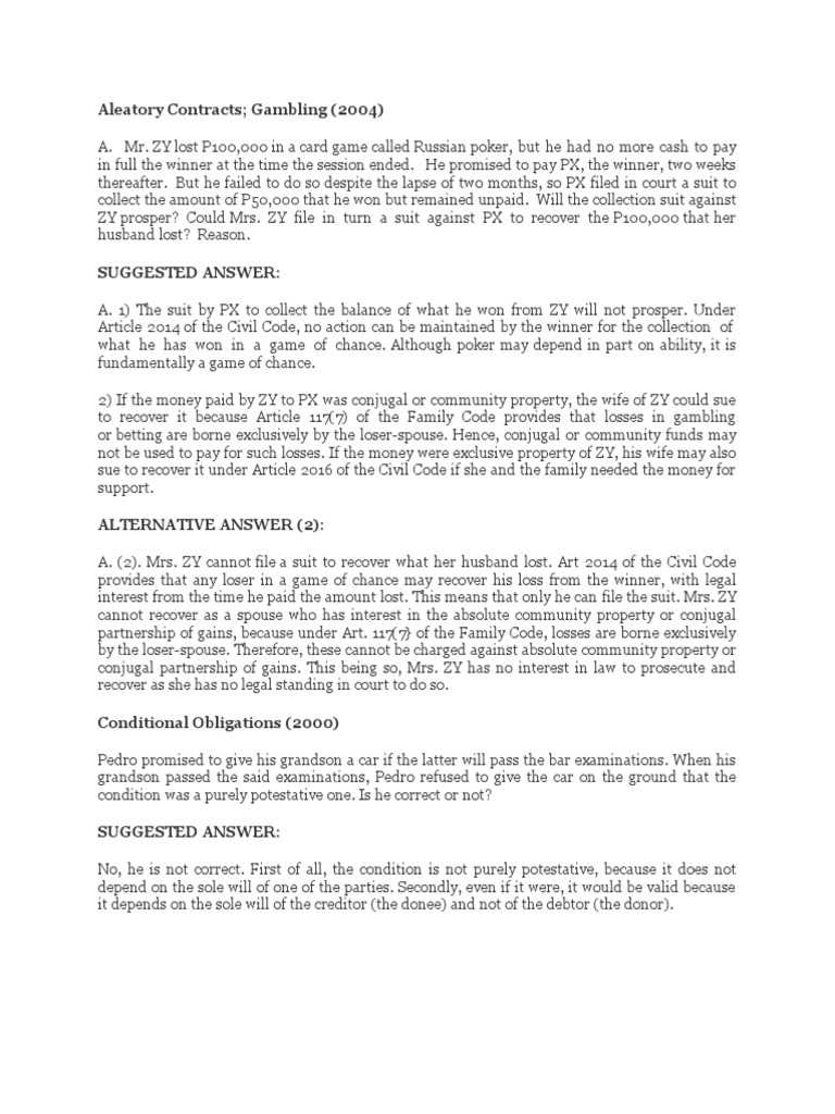 Aleatory Contracts | PDF | Gambling | Civil Law (Legal System)