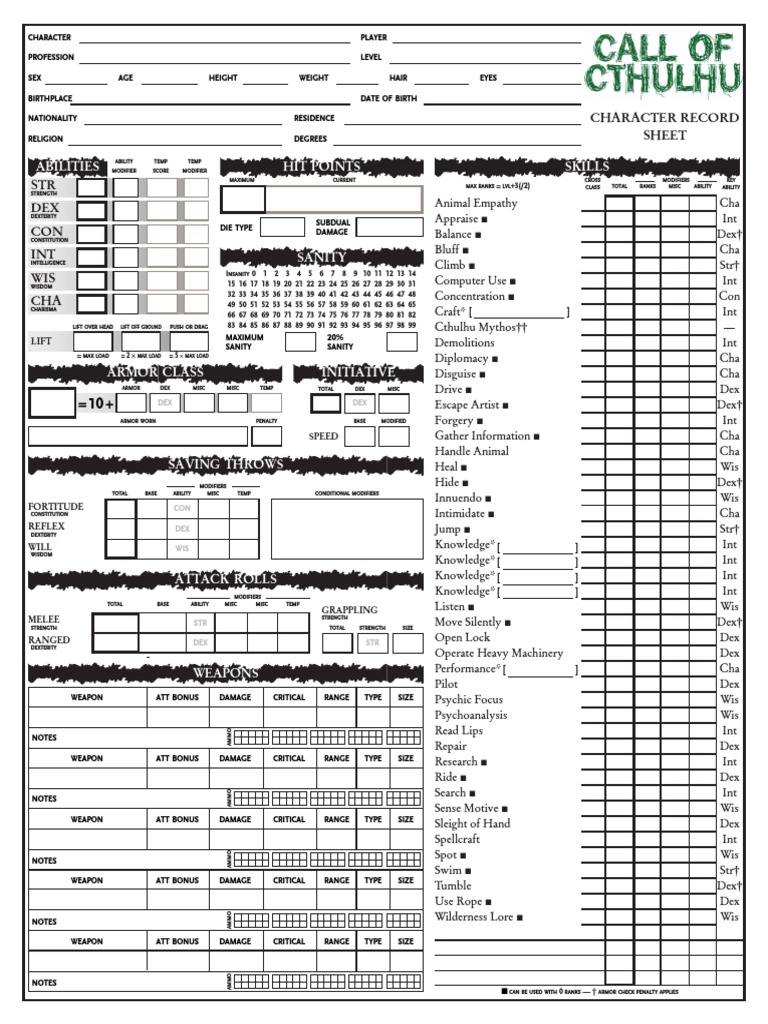 Character Record Sheet: Abilities HIT Points Skills | PDF | Role ...