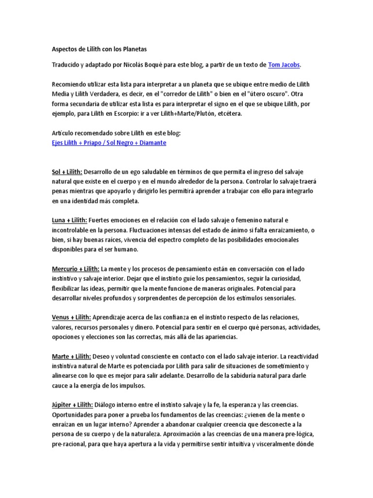 Aspectos de Lilith Con Los Planetas | PDF | Mente | Las emociones