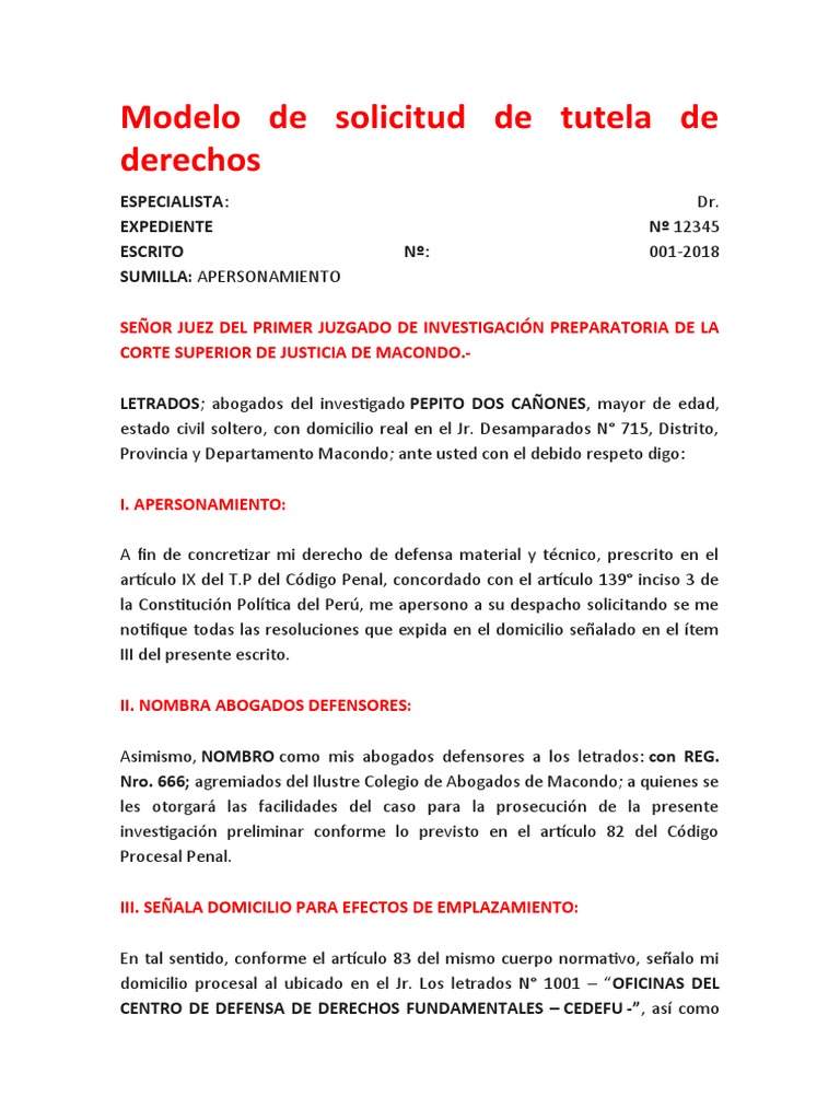 Modelo de Solicitud de Tutela de Derechos | PDF | Derecho penal | Ley procesal