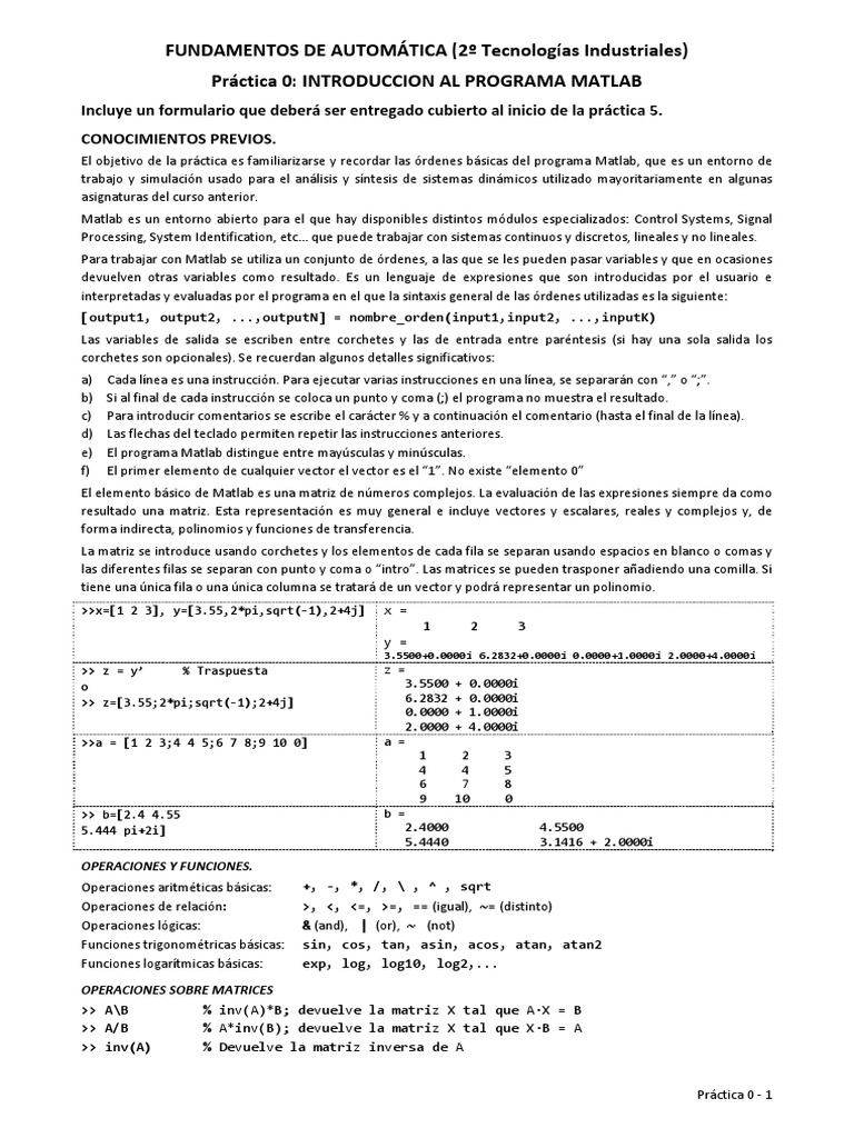 PRACTICA_0_FundAut_-Introducción_a_Matlab | PDF | Matriz (Matemáticas) | Programa de computadora