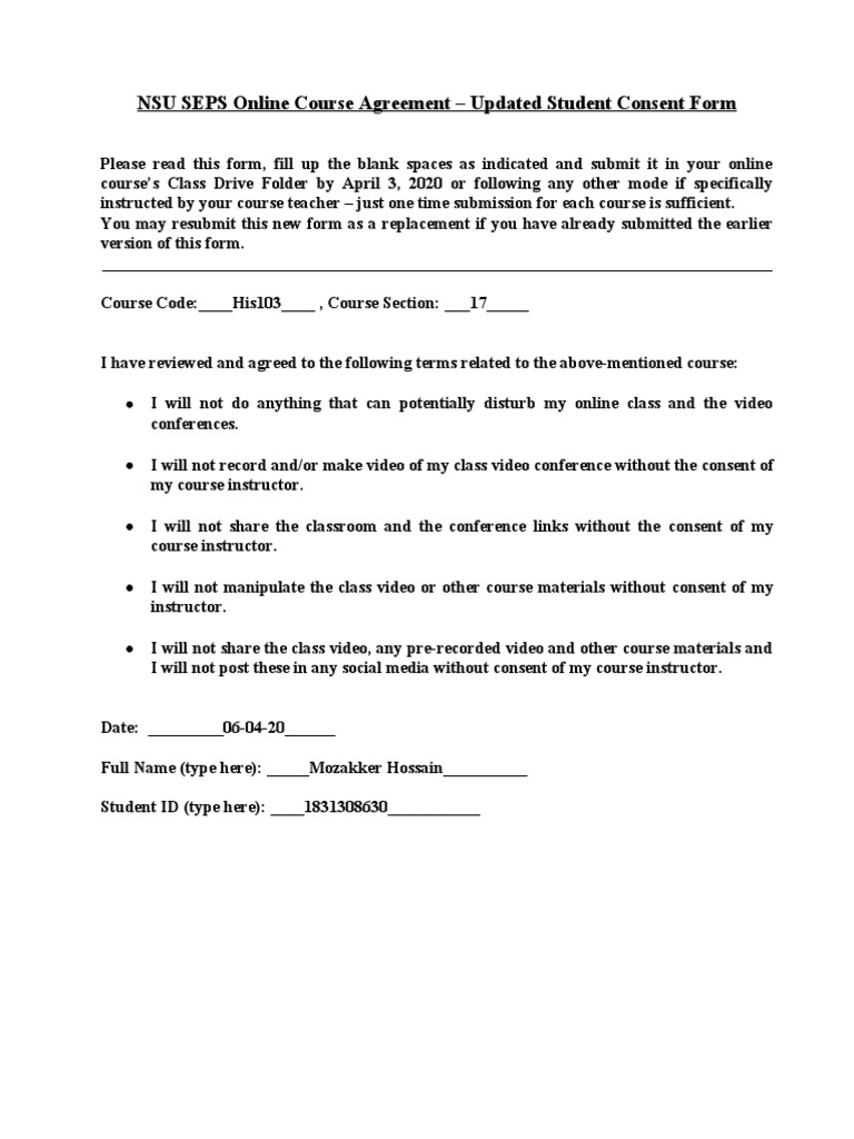 NSU SEPS Online Course Consent Form | PDF