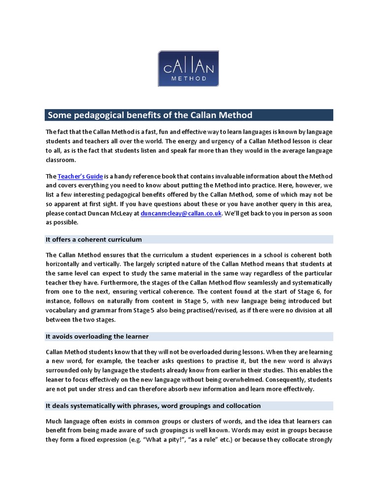 Some Pedagogical Benefits of The Callan Method: It Offers A Coherent ...