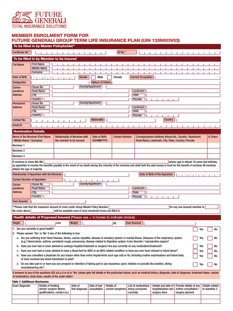 Future Generali Group Life Insurance Form | PDF | Insurance | Surgery
