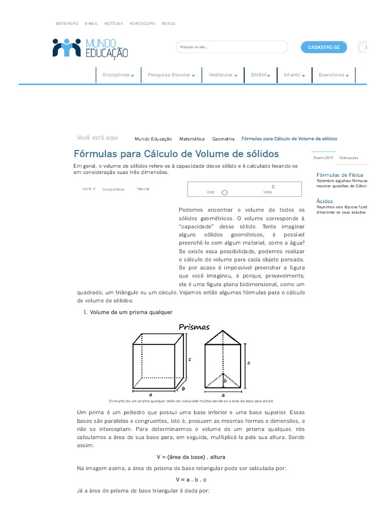 Fórmulas para Cálculo de Volume de Sólidos - Mundo Educação | PDF ...