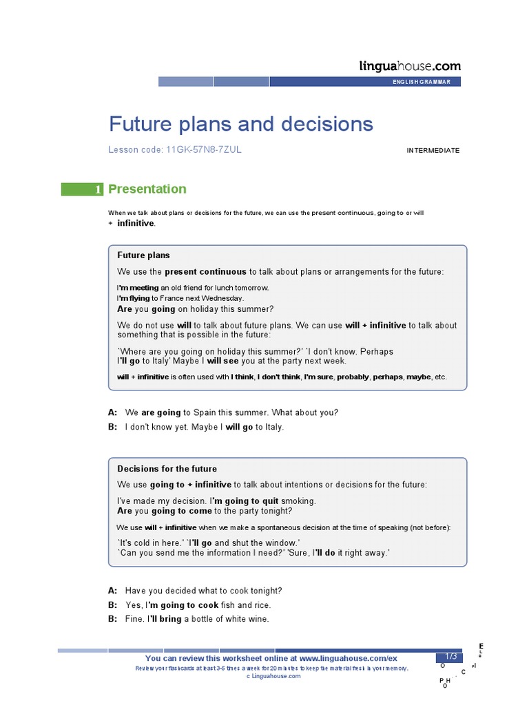 Making Plans and Decisions: Using the Present Continuous, Going To, and ...