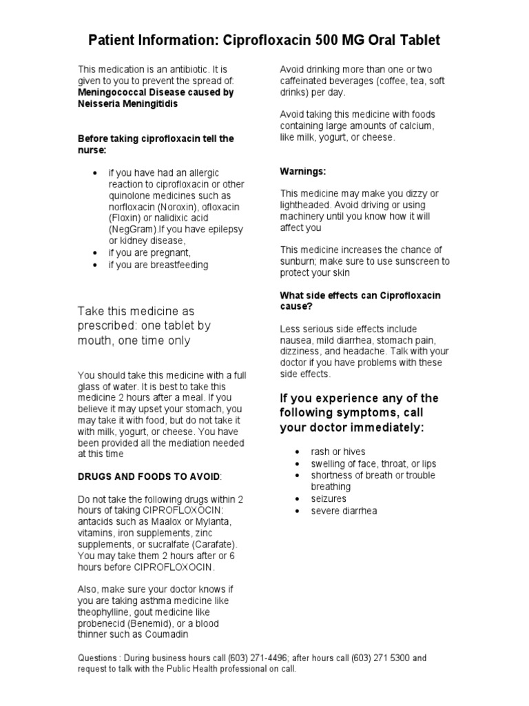 Patient Information: Ciprofloxacin 500 MG Oral Tablet | PDF | Clinical ...