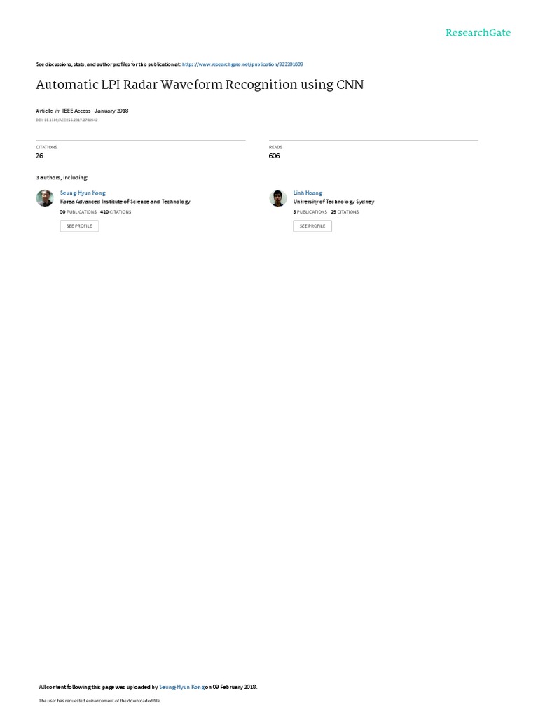 Automatic LPI Radar Waveform Recognition Using CNN: IEEE Access January 2018 | PDF | Signal To ...