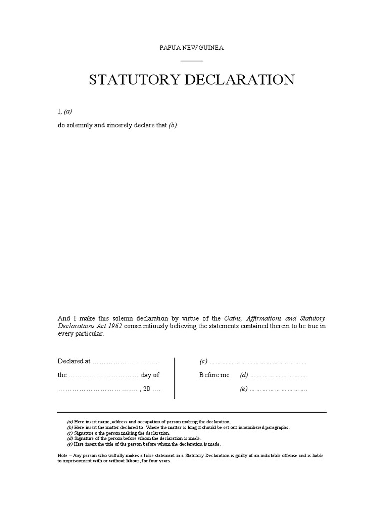 Statutory Declaration: I, (A) Do Solemnly and Sincerely Declare That (B ...