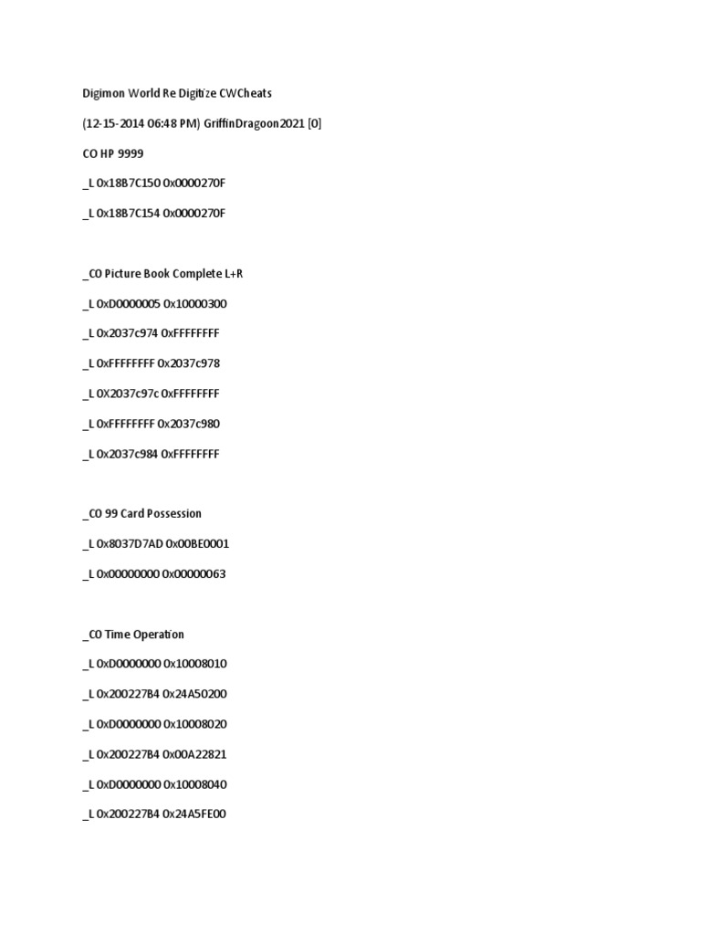 Digimon World Re:Digitize Cheat Codes | PDF | Fish | Nature