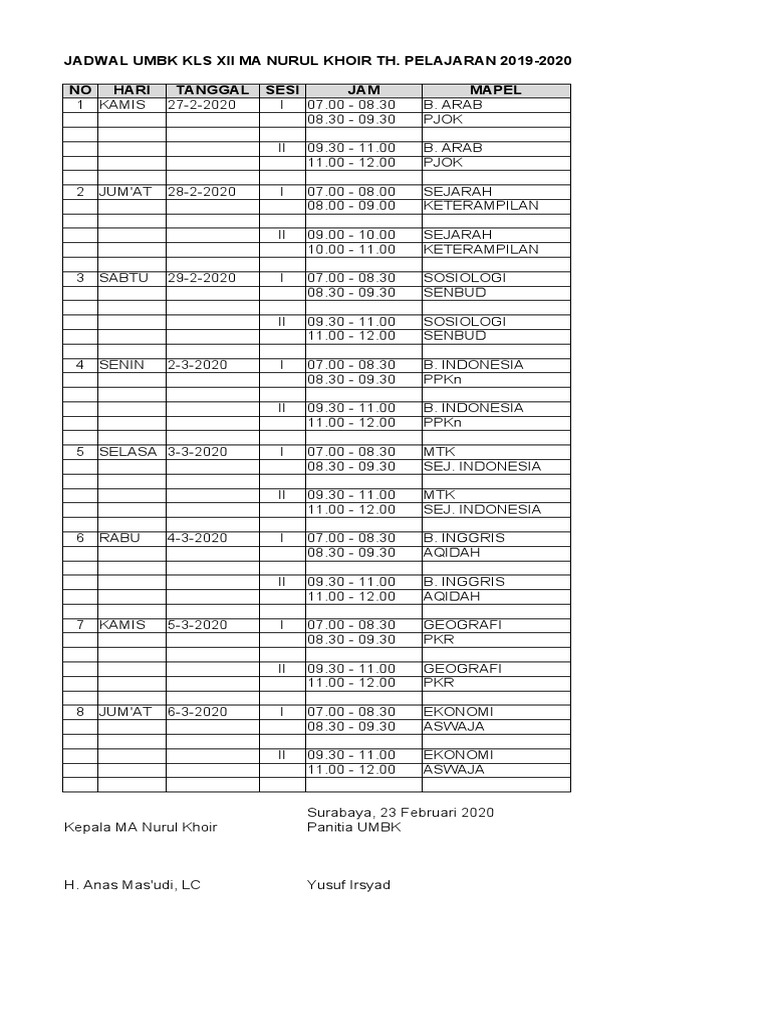 Jadwal Umbk Kls Xii Ma Nurul Khoir Th. Pelajaran 2019-2020 NO Hari ...