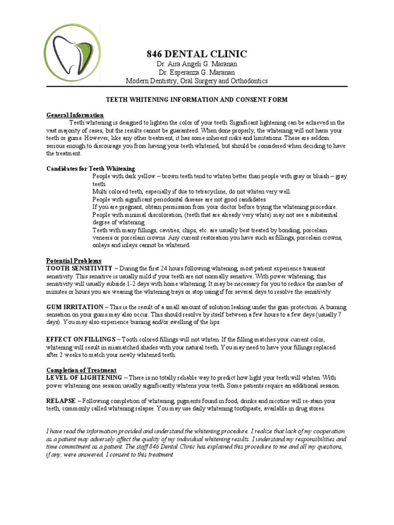 846 Dental Clinic Teeth Whitening Consent Form | PDF | Human Tooth ...