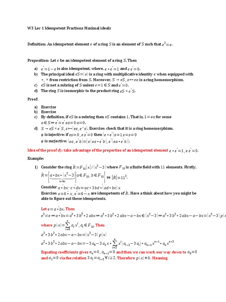W3 Lec 1 Idempotent Fractions Maximal Ideals | PDF | Ring (Mathematics) | Field (Mathematics)