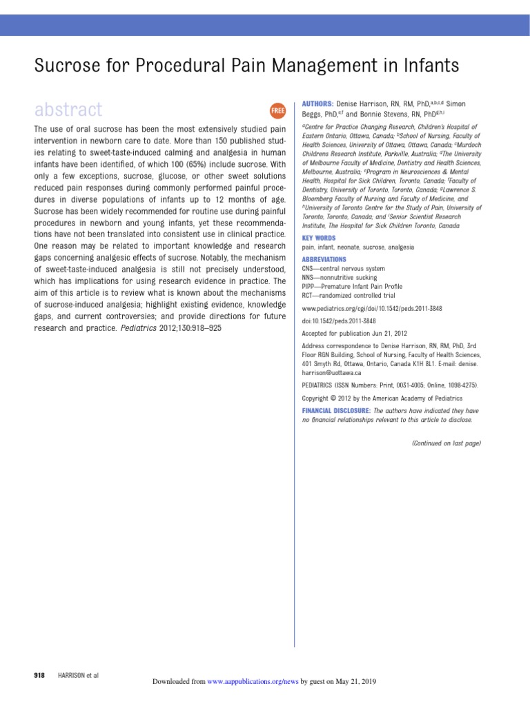 Sucrose For Procedural Pain Management in Infants: Authors | PDF ...