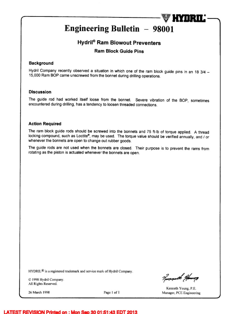 Engineering Bulletin 98001: Hydril" Ram Blowout Preventers | PDF