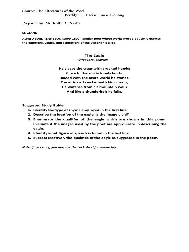 "Tennyson's 'The Eagle' Study Guide" | PDF | Classics | General Fiction