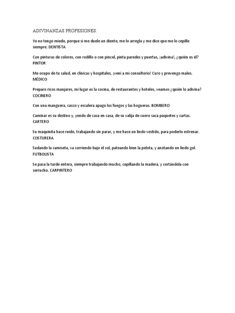 Adivinanzas Profesiones | PDF | Cocina, comidas y vino | Hogar ...