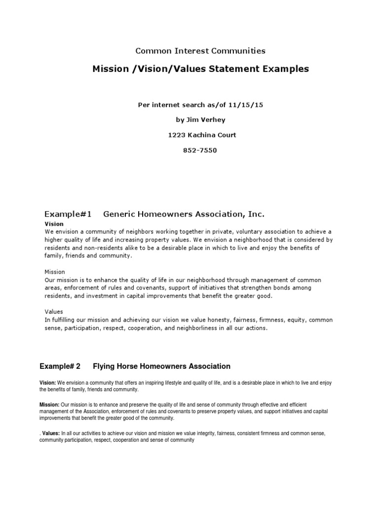 Arrowcreek Mission Vision Values Examples | PDF | Covenant (Law ...