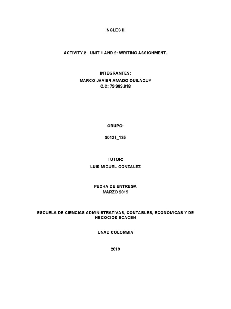 Unit 1 & 2 - Activity 2 Writing Assignment | PDF | Foods | Beverages