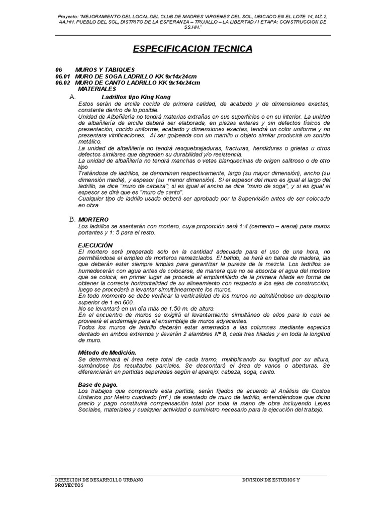 Ejemplo de Especificación Técnica | PDF | Ladrillo | Albañilería