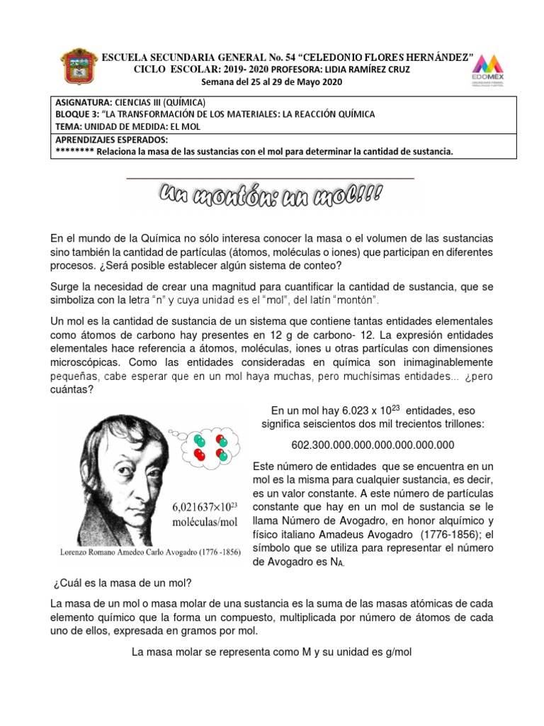 El Mol y el Número de Avogadro | PDF | Mole (Unidad) | Compuestos químicos