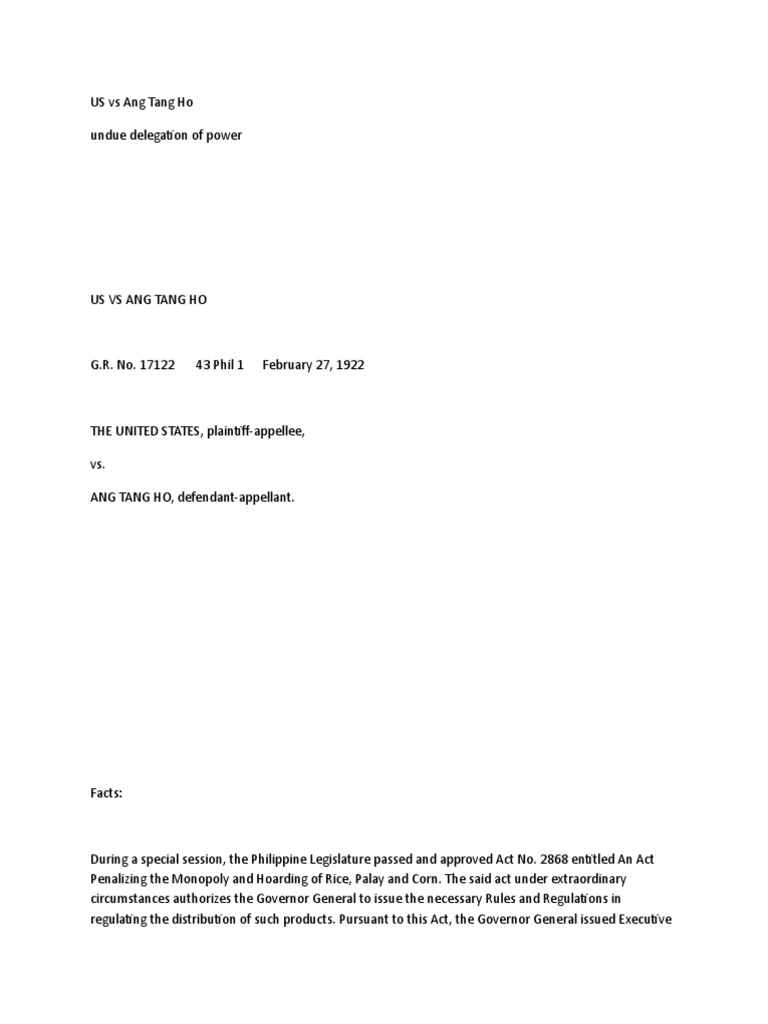 Us Vs Ang Tang Ho Case Digest | PDF | Discretion | Legislature