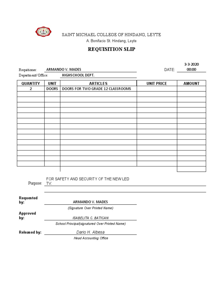 Requisition Slip: Saint Michael College of Hindang, Leyte | PDF | Schools