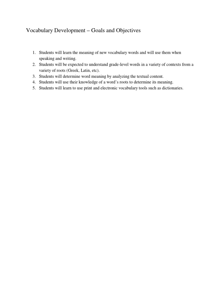 Vocabulary Learning Objectives and Goals | PDF