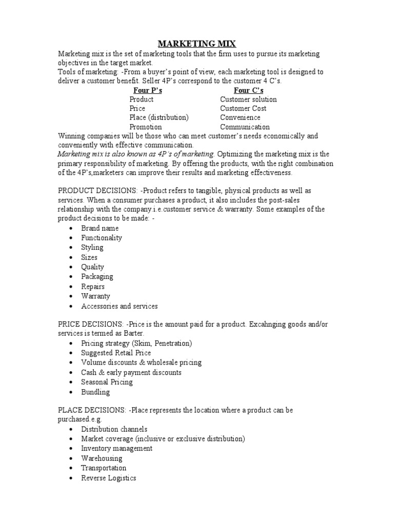 Marketing Mix: Four P's Four C's | PDF | Marketing | Retail