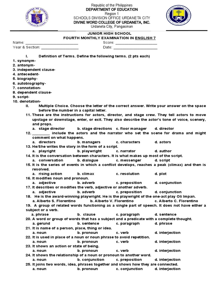 Philippine Junior High Exam Tests English Skills | PDF | Verb | Adverb