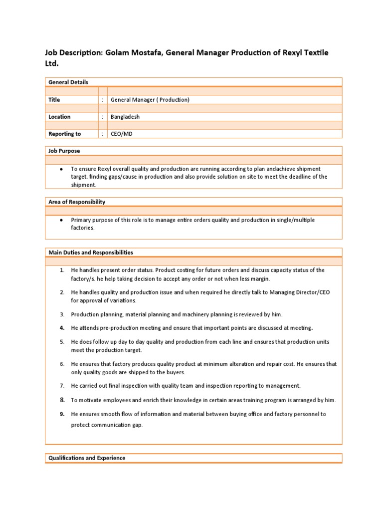 Job Description - GM Production | PDF | Factory | Business
