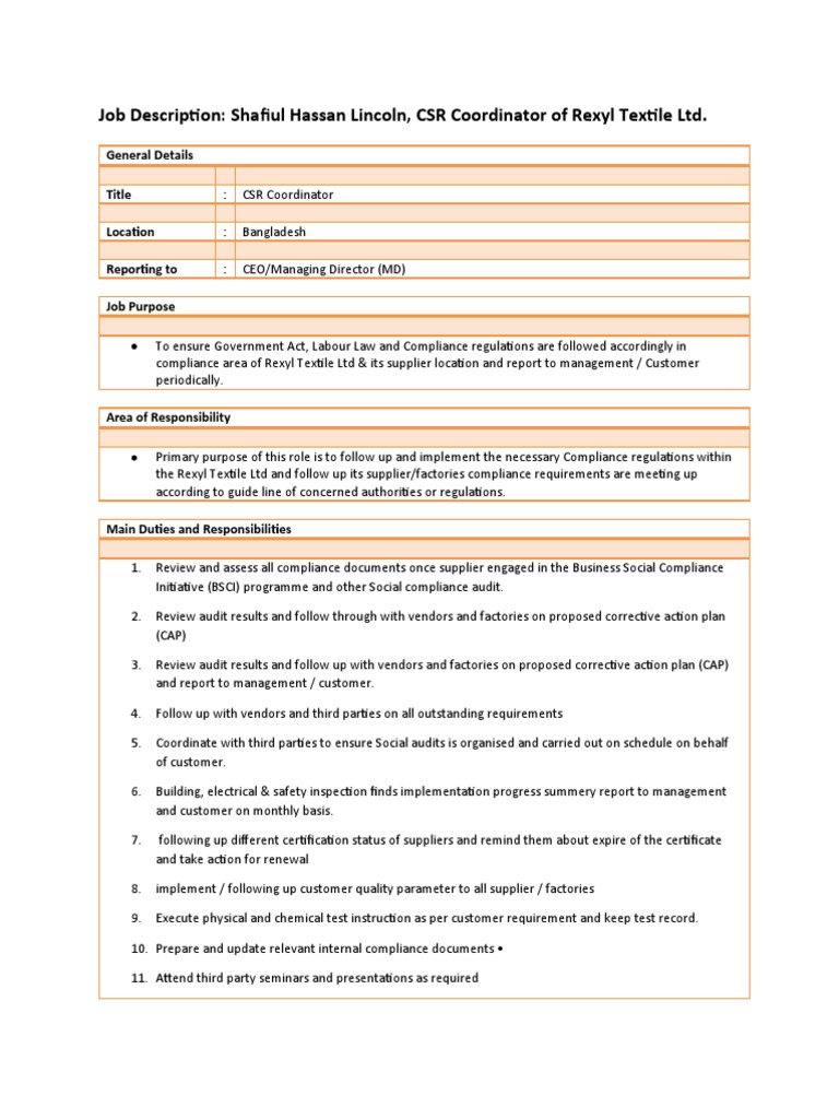 Job Description - CSR Coordinator | PDF | Regulatory Compliance | Audit