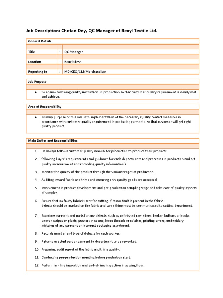 QC Manager Job Description - Rexyl Textile | PDF | Sewing | Audit