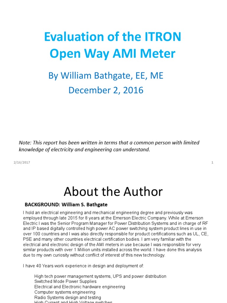 Evaluation of The ITRON Open Way AMI Meter: by William Bathgate, EE, ME ...