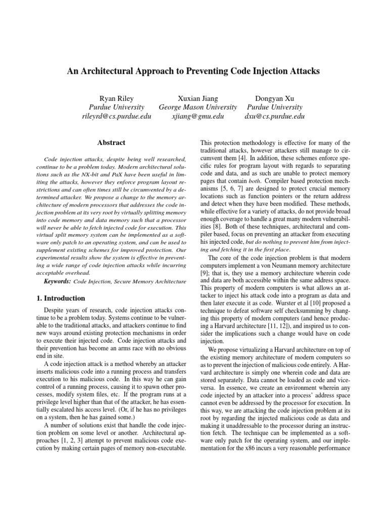 An Architectural Approach To Preventing Code Injection Attacks | PDF | Pointer (Computer ...