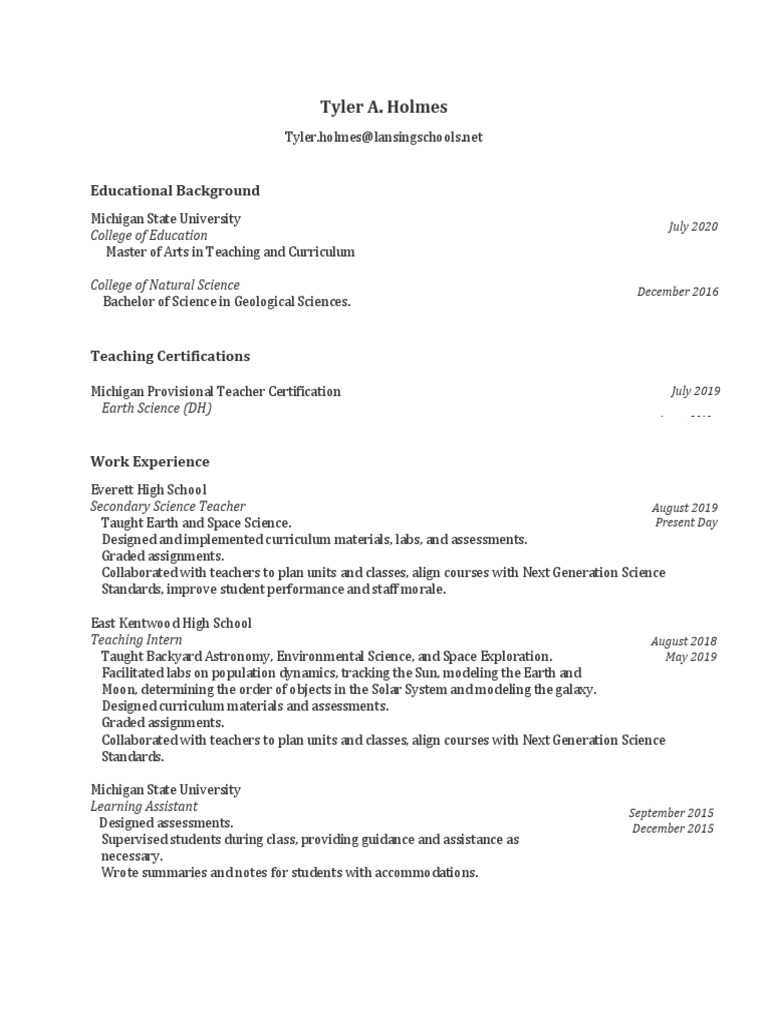 Holmes Resume | PDF | Teachers | Michigan State University