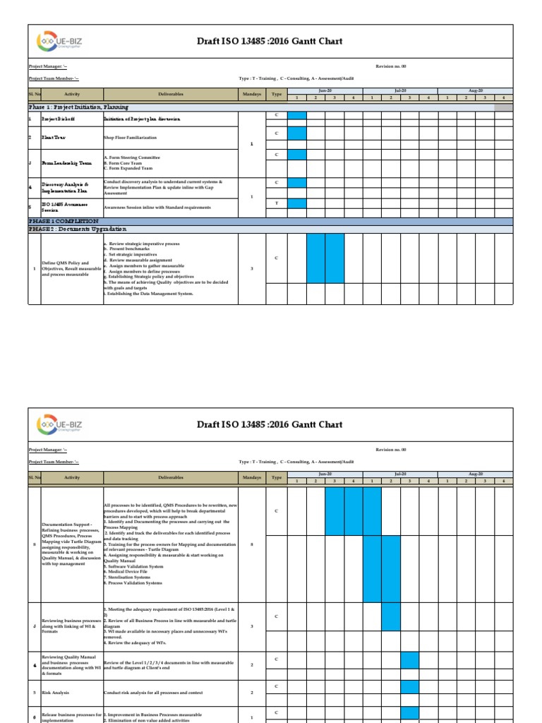ISO 13485 Implementation Gantt Chart | PDF | Internal Audit | Quality ...