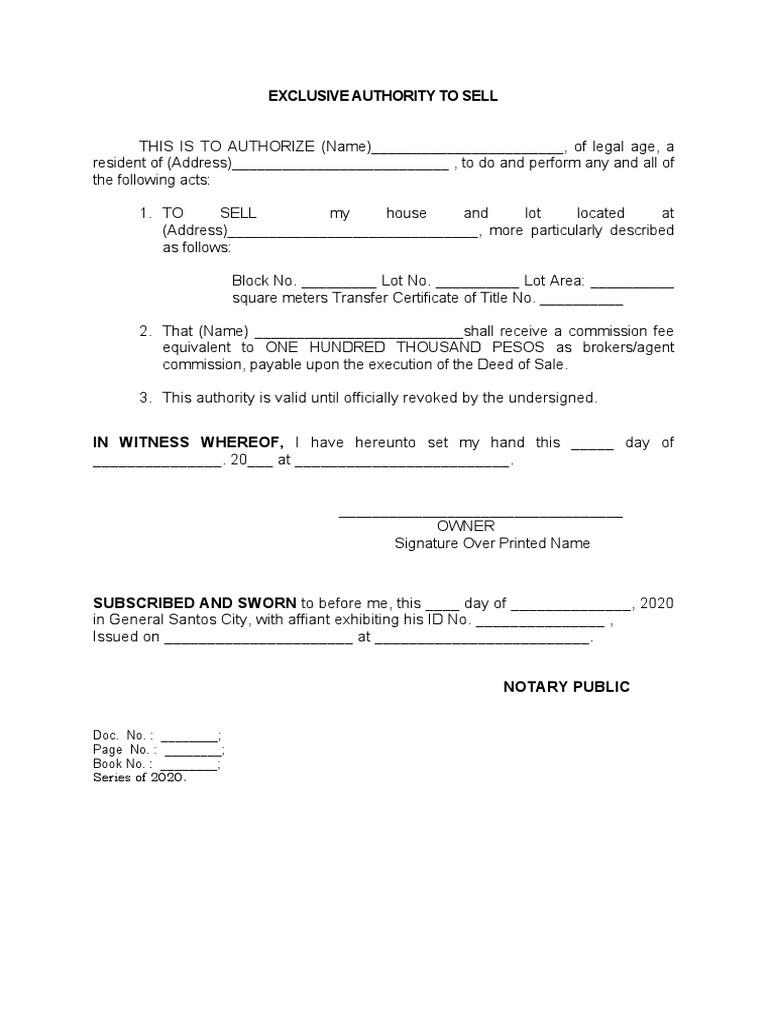 Exclusive Authority To Sell | PDF