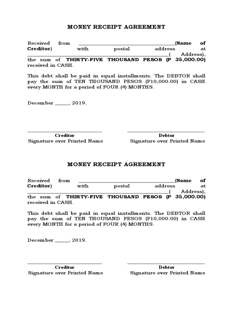 Money Receipt Agreement: Creditor) | PDF