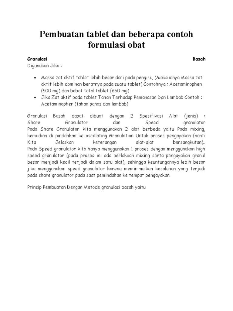 Pembuatan Tablet Dan Beberapa Contoh Formulasi Obat | PDF | Sains ...