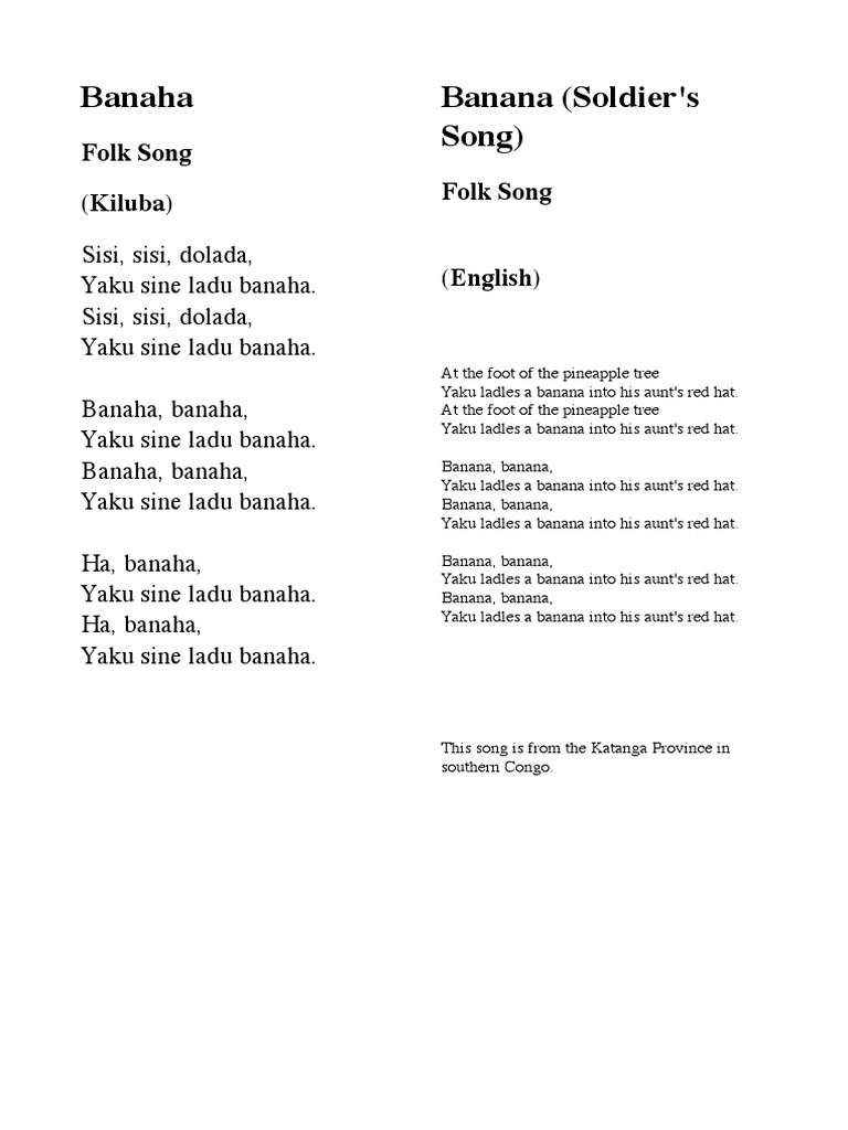 Banaha Banana (Soldier's Song) : Folk Song (Kiluba) Folk Song | PDF