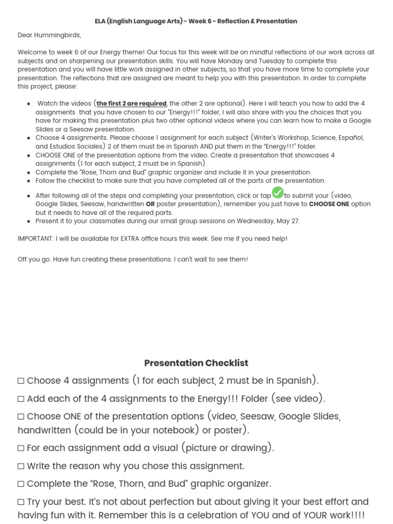 Week 6 ELA Reflection & Presentation Guide | PDF | Self-Improvement